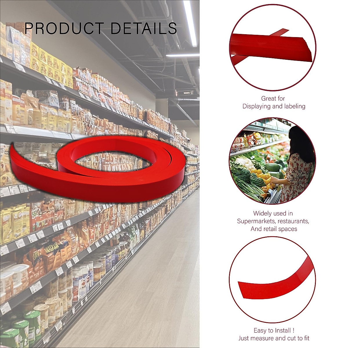 Decorative Gondola Shelving Pre Cut Vinyl Insert Strips 48" x 1.25" Shelf C-Channel, Red, 100 Pack