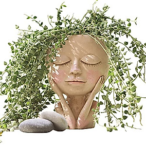 AIMEBBY Face Flower Pot Head Planter Pot Succulent Planter Cute Resin Cactus Planter with Drainage Hole Closed Eyes