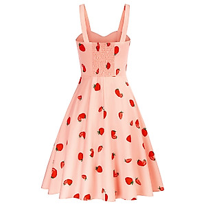 Retro Dresses for Women Vintage 1950s Dresses Floral A-Line Swing Midi Sun Dresses Women Summer Strawberry X-Large