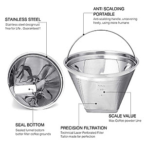 YEOSEN Reusable 4 Cone Coffee Filter - 4 6 8 10 Cup Permanent Basket Coffee Filters Fit for Cuisinart, Ninja, Hamilton Beach Coffee Maker