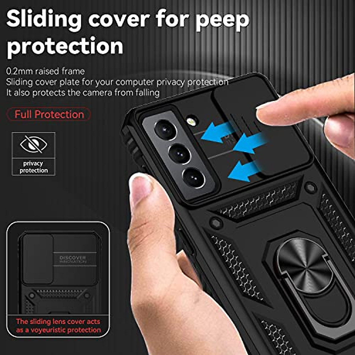 for Samsung Galaxy S21 Case with Camera Lens Cover HD Screen Protector, Dual Layer Military-Grade Drop Tested Magnetic Ring Holder Kickstand Protective Phone Case for Samsung Galaxy S21 5G (Black)