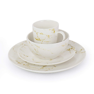 Elama Fine Marble Round Gloss Dinnerware Dish Set, 16 Piece, White and Gold