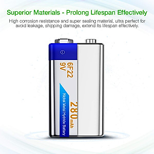 EBL 9V Rechargeable Batteries NiMH Everyday 280mAh 9V Battery for Smoke Alarm Detector, 4-Packs