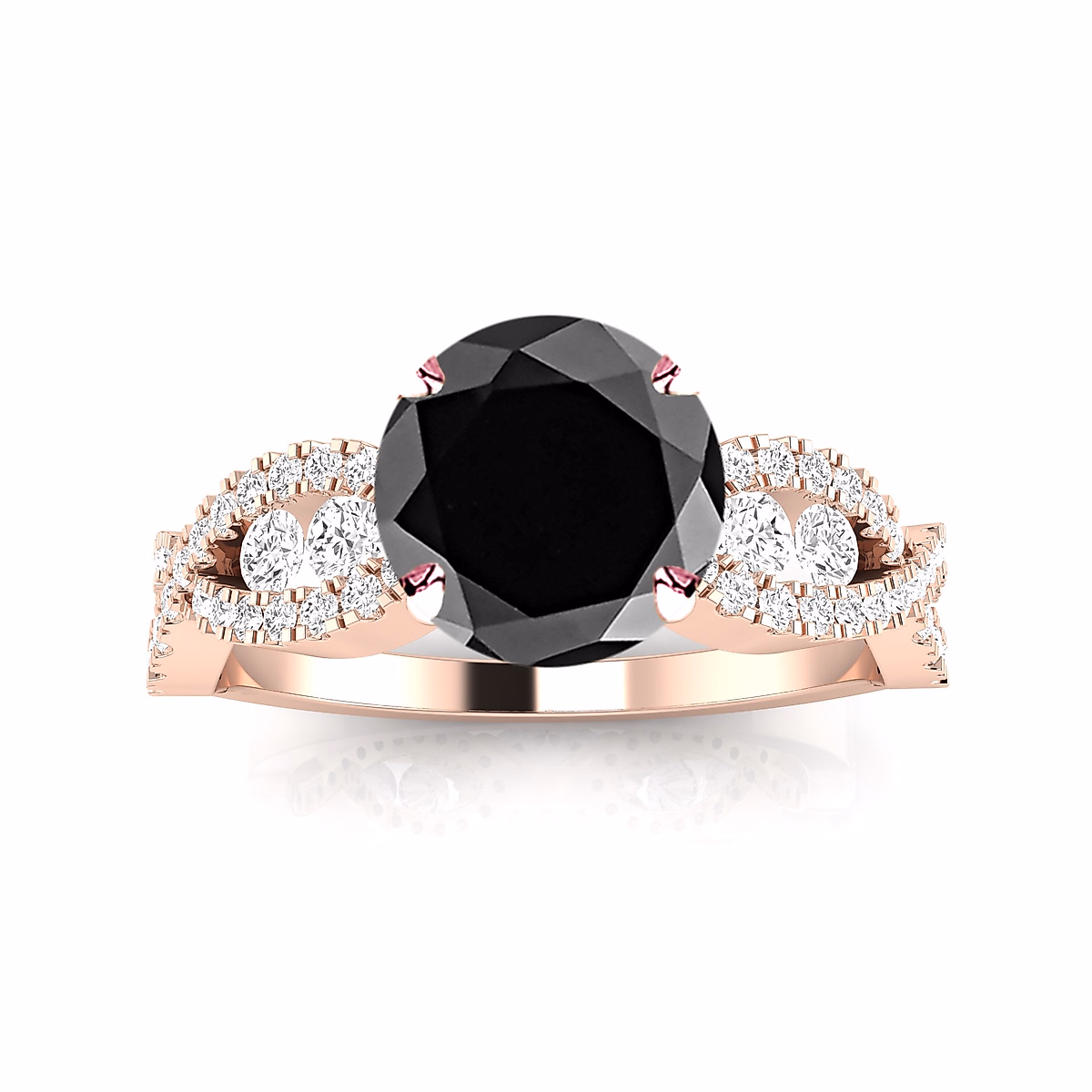 14K Rose Gold Designer Twisting Eternity Channel Set Four Prong Diamond Engagement Ring with a 2 Carat Black Diamond Heirloom Quality Center