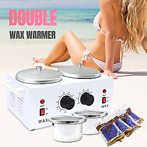 Double Wax Warmer Kit, Professional Dual Waxing Pot with 4 Pack Wax Beans 100pc Wooden Sticks,110V Electric Heater Machine for Hair Removal Home/Salon/SPA Adjustable Temperature