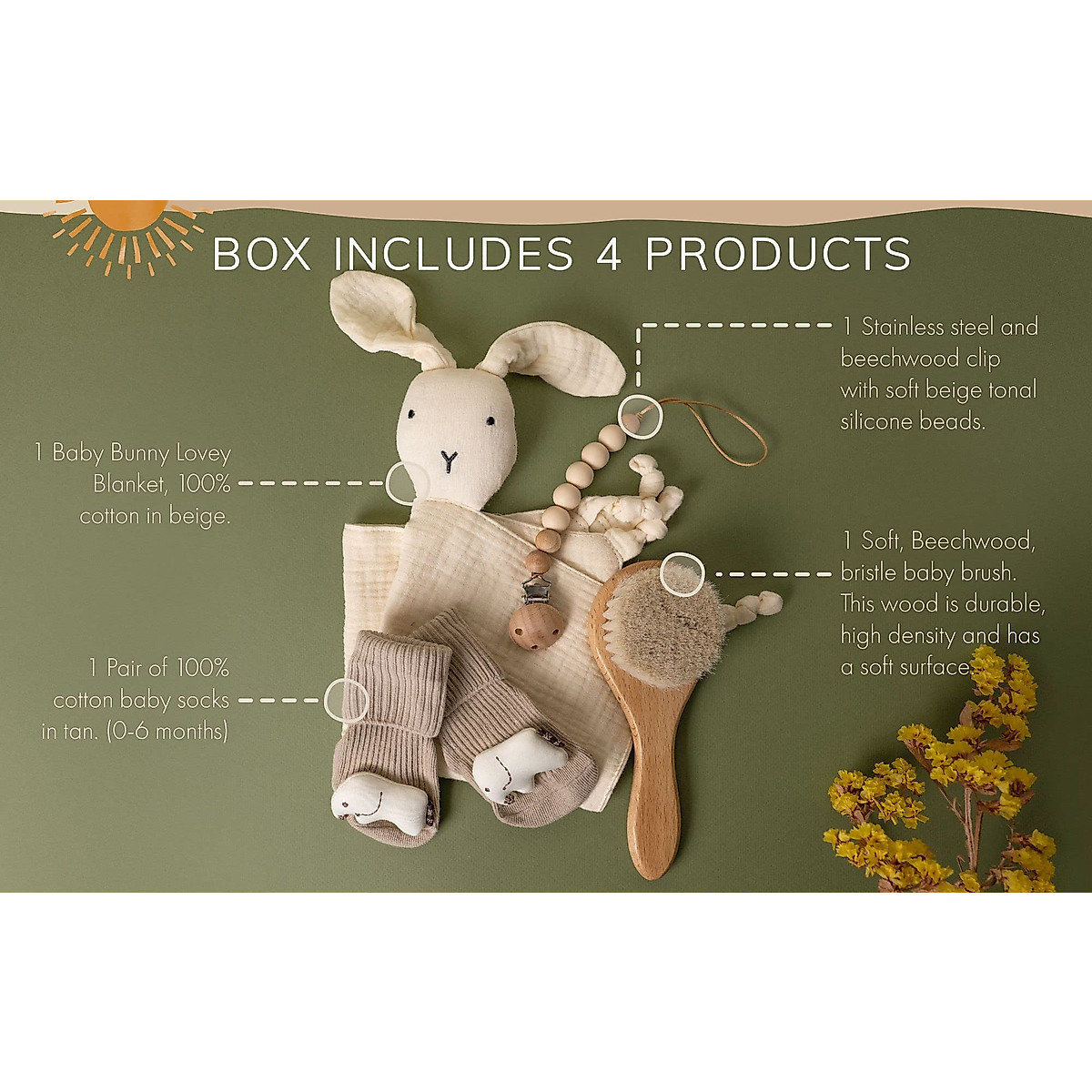 Baby Gift, Baby Baptism Gift, Newborn Baby Gift Set for Boy, Girl or Gender Neutral, Baby Shower with 4 PCS- Brush, Lovey Blanket, Baby Socks and Silicone Pacifier Clip