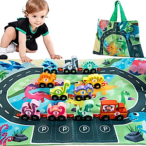 HELLOWOOD Dinosaur Toys for Toddlers Age 2-4, Wooden Dinosaur Train Set with Playmat/Storage Bag, Montessori Educational Toys for 2+ Years Old Boys & Girls