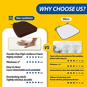 AAAAAcessories D-Shaped Chair Cushions with Ties and Removable Cover, 2'' Thick Kitchen Chair Pads, Indoor Dining Room Chair Cushions, 17'' x 16'', 6 Pack, Brown