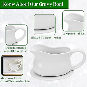 Gonioa 17oz ceramic Gravy Boat with Saucer Stand, Set of 2, Porcelain Gravy Boat with Dripless Lip Spout, Serving Dish for Salad Dressings, Creamer, Warming Sauces, Microwave & Freezer Safe (White)