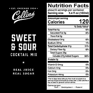 Collins Sweet and Sour Mix Made With Real Orange and Lemon Juice Classic Cocktail Recipe Ingredient, Home Bar Accessories Cocktail Mixers 32 fl oz