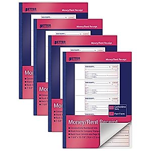 Cash Money and Rent Receipt Books, 4 Pack, Large Size, 2-Part Carbonless (White/Canary Yellow), 7-5/8 x 10-7/8 inches, by Better Office Products, 4 Sets per Page, 200 Sets per Book (800 Total Sets)
