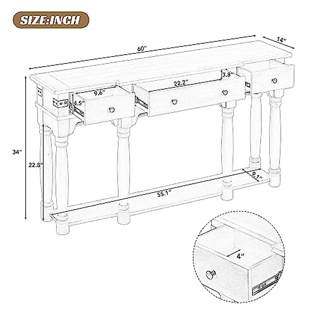 Solid Wood 60" Long Console Table with 3 Storage Drawers and Bottom Shelf, Mediterranean Retro-Style Accent Entryway Sofa Tables for Hallway Living Room, Semi-Open Storage Space (Creamy White-NM)