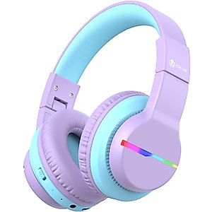 iClever BTH12 Kids Bluetooth Headphones,Colorful LED Lights Wireless Kids Headphones,74/85/94dB Volume Limited,55H Playtime,Bluetooth 5.2,Over Ear Headphones with Mic for iPad/Tablet/Traveling,Purple