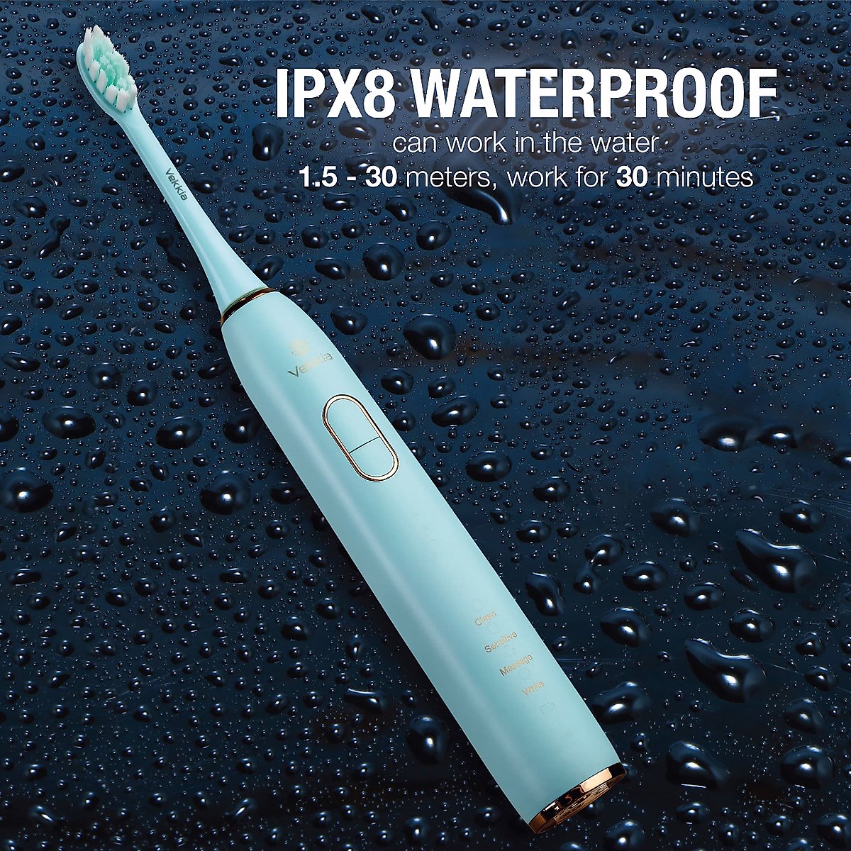 Vekkia Electric Toothbrush, Sonic Cleaning Rechargeable Toothbrush with Timer, Pressure Sensor, 4 Modes, 4 Brush Heads, Charge Lasts for 180 Days, Best Toothbrush for Adults (Blue Diamond)