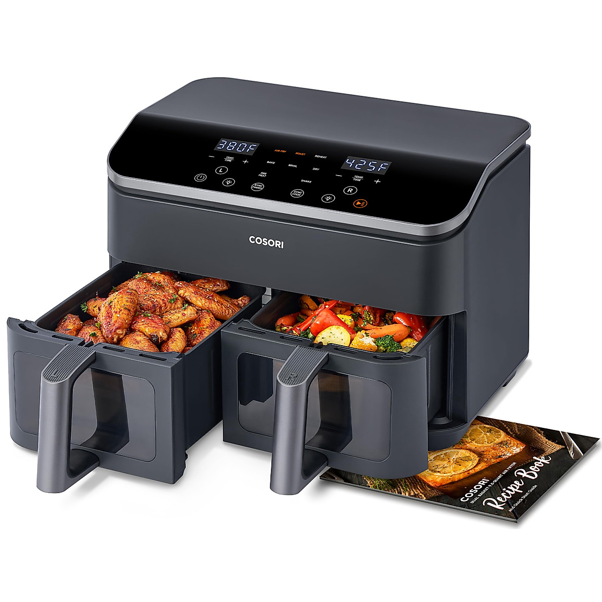 COSORI 9Qt 8-in-1 Dual Air Fryer, Multi-dish Cooking at Once for Family and Couple with Double Baskets, Bake, Roast, Reheat, Broil, Dry & 130 Recipes for Easy and Crispy Meals, Dishwasher Safe