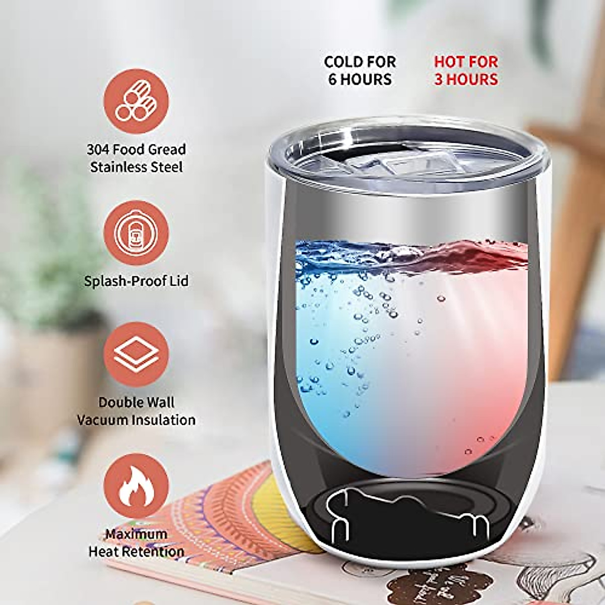 AGH 12 oz Sublimation Wine Tumblers Blanks, 4PCS Straight Stainless Steel Insulated Mug for Full Wrap Heat Transfer, Spill-proof Sliding Lid Stainless Steel Straw for Coffee Cocktails Drinks