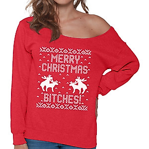Funny Ugly Christmas Sweatshirt Off Shoulder Xmas Top Merry Christmas Bitches White Pattern Sweater Holiday Outfit Red M