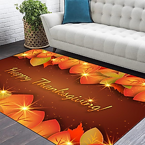 Happy Thanksgiving Area Rugs, 5x6ft, Maple Leaf Fall Decor Living Room Carpet, Fade Resistant Printed Washable Rug, Cozy Low Pile Non-Slip Floor Mat for Dining Room Sofa