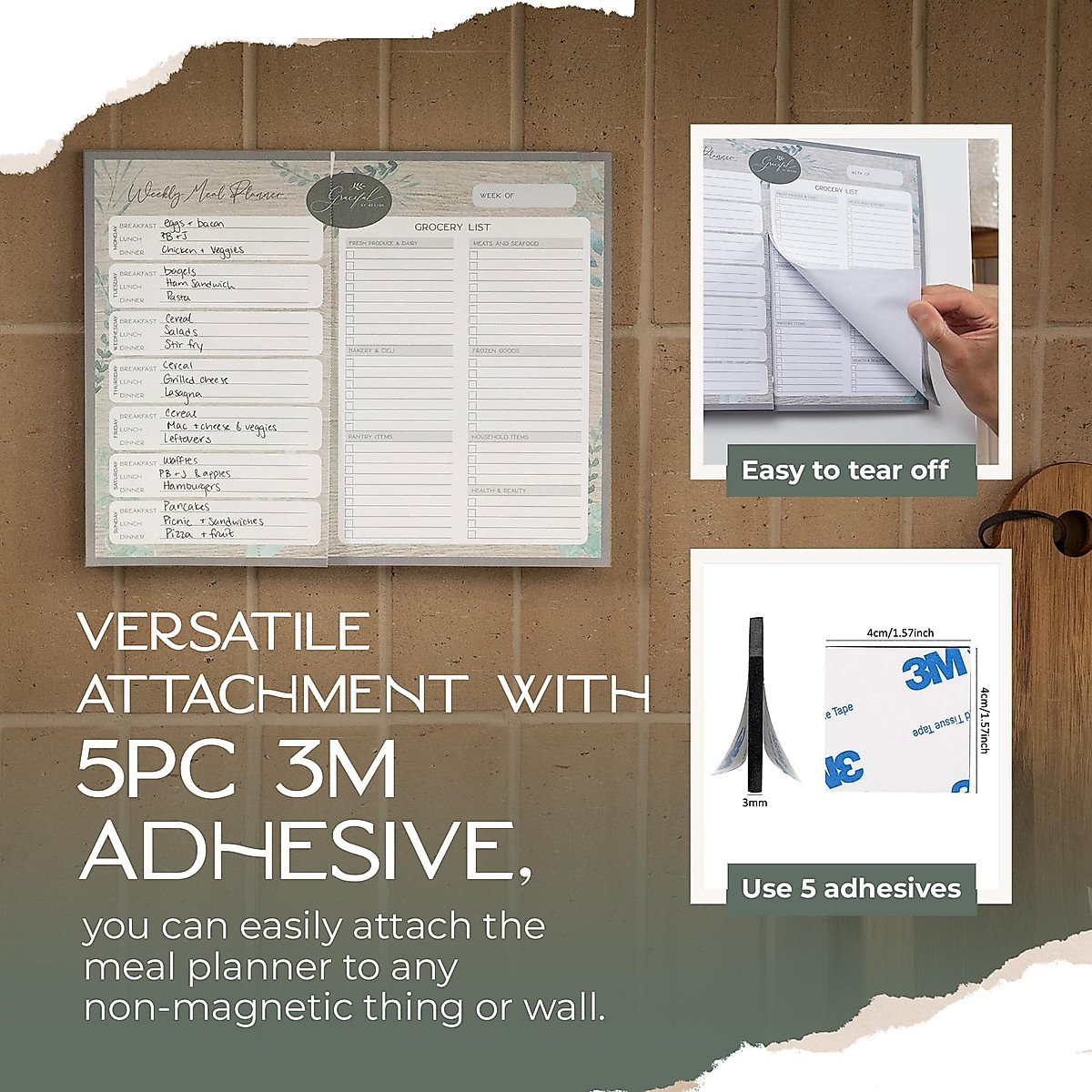 Graceful By Design Weekly Meal Planner and Grocery List Magnet Pad For Fridge or Wall - Weekly Menu Board For Kitchen and Meal Planner Magnetic with Tear-Off Grocery List Notepad - 8.5" x 11"