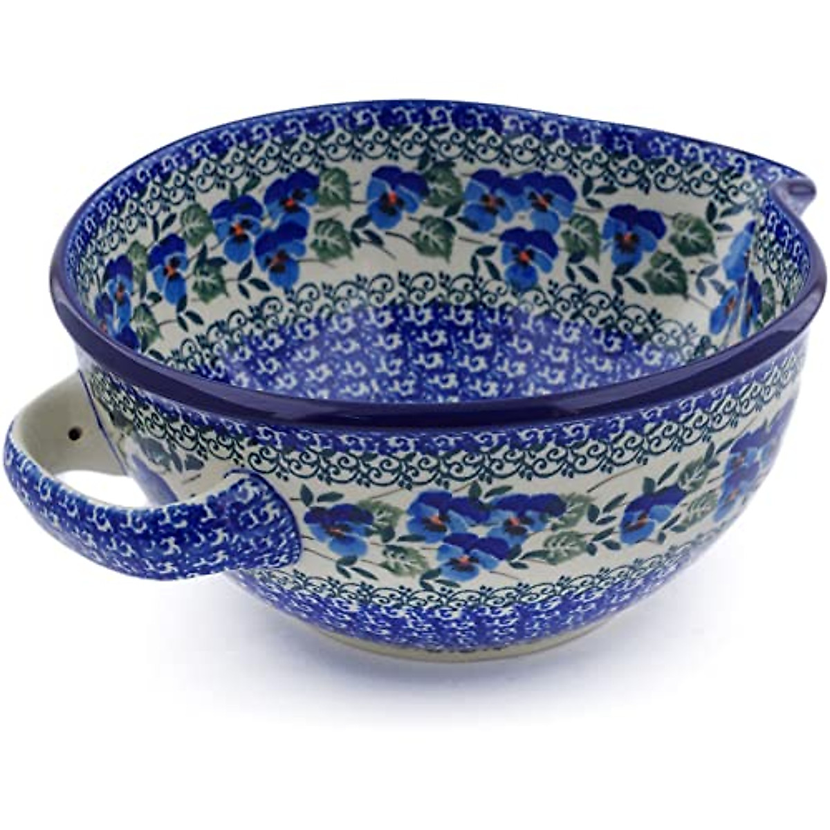 Authentic Polish Pottery 7½-inch Batter Bowl made by Ceramika Artystyczna (Blue Pansy Theme) + Certificate of Authenticity