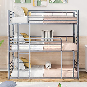 BIADNBZ Triple Bunk Bed with Built-in Ladder and Full-Length Guardrails, Twin Size Metal Bunkbeds w/Sturdy Frame for Kids, Boys, Girls, Teens, Divided into Three Separate Beds,Gray