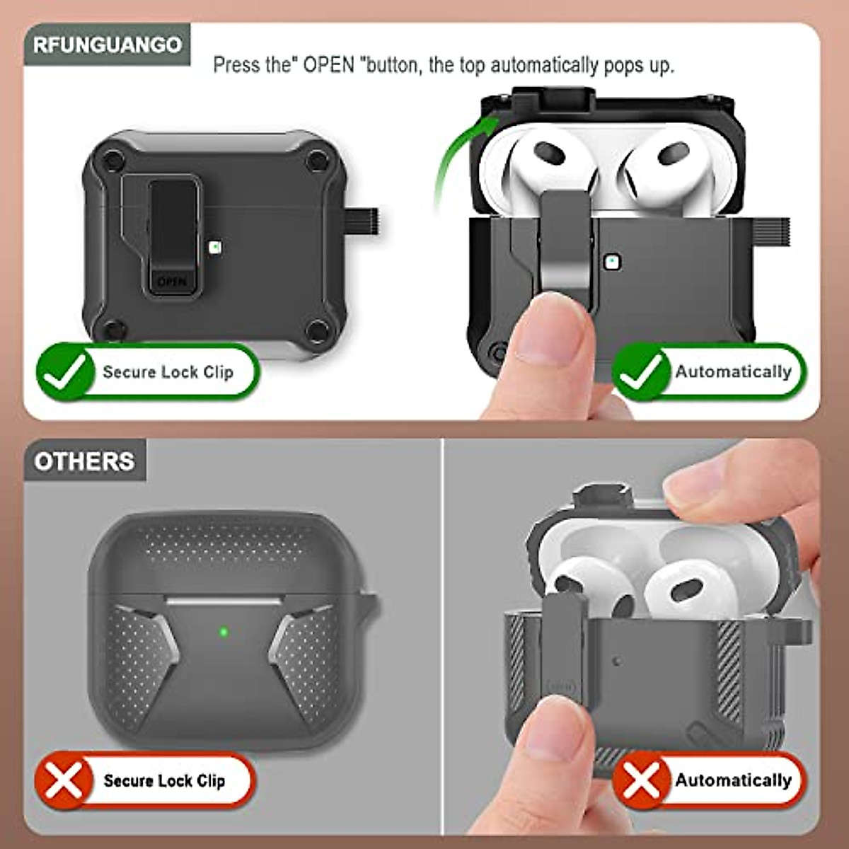 RFUNGUANGO Airpods 3rd Generation Case with Secure Lock Clip, Full Body Shockproof Hard Shell Protective, AirPods 3 Case Compatible with Apple AirPod 3rd Gen 2021 [Front LED Visible] - Black