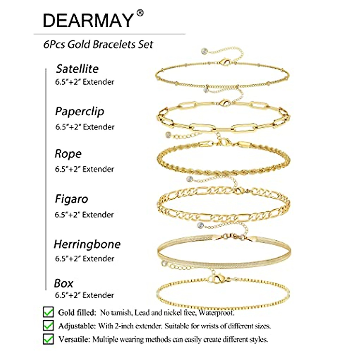 DEARMAY Gold Bracelets for Women 14K Real Gold Plated Jewelry Sets for Women Trendy Dainty Stackable Paperclip Rope Snake Box Figaro Chain Bracelets Pack Costume Fashion Filled Gifts for Women Girls