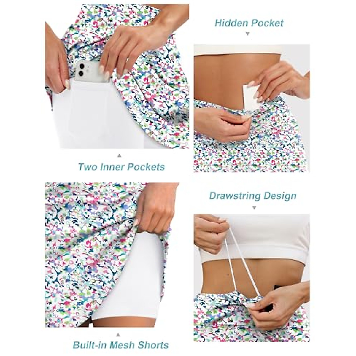 LouKeith Knee Length Skorts Skirts for Women Tennis Skirts Athletic Golf Skorts Casual Workout Skirt with Shorts Pockets Boho Flowers M