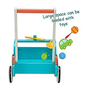 Blue Aircraft Wooden Baby Push Walker - 2-in-1 Toddler Push & Pull Toys Learning Walker Stroller Walker with Wheels for Baby Girls Boys 1-3 Years Old