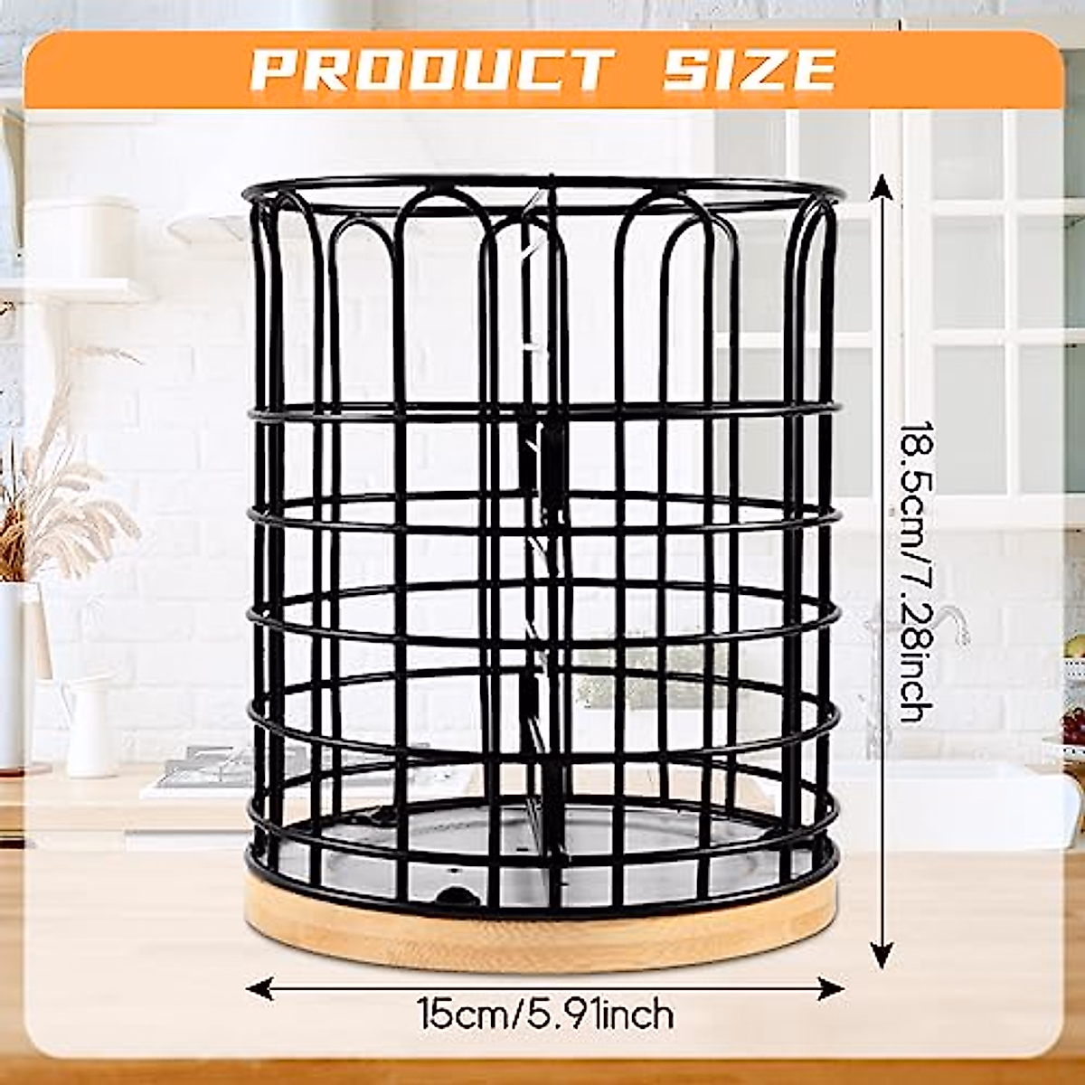 DeaLott Kitchen Utensil Holder for Countertop, 7.28'' Large Cooking Utensils Holder with Bamboo Base, Black Metal Wire Utensil Holder for Countertop, Kitchen Countertop Utensil Organizer