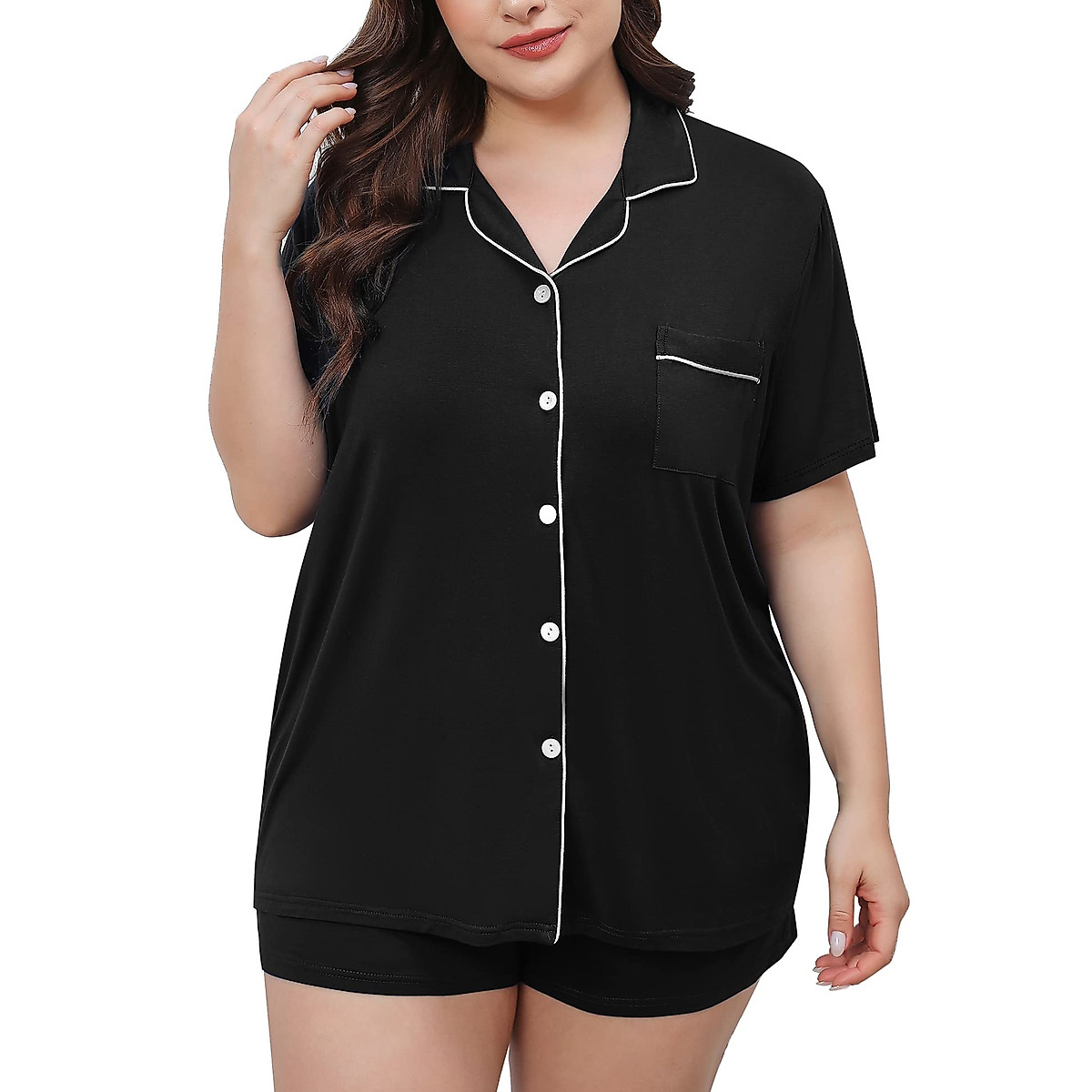 SWOMOG Women's Plus Size Pajamas Set Button Down Tops Short Sleeve Sleepwear Soft Pajama Shorts 2 Pcs Lounge Sets With Pocket Black