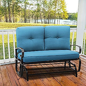 Omelaza Patio Bench, Porch Glider Outdoor Swing Glider Rocking Loveseat, Steel Frame Chair with Thick Cushion (Peacock Blue)