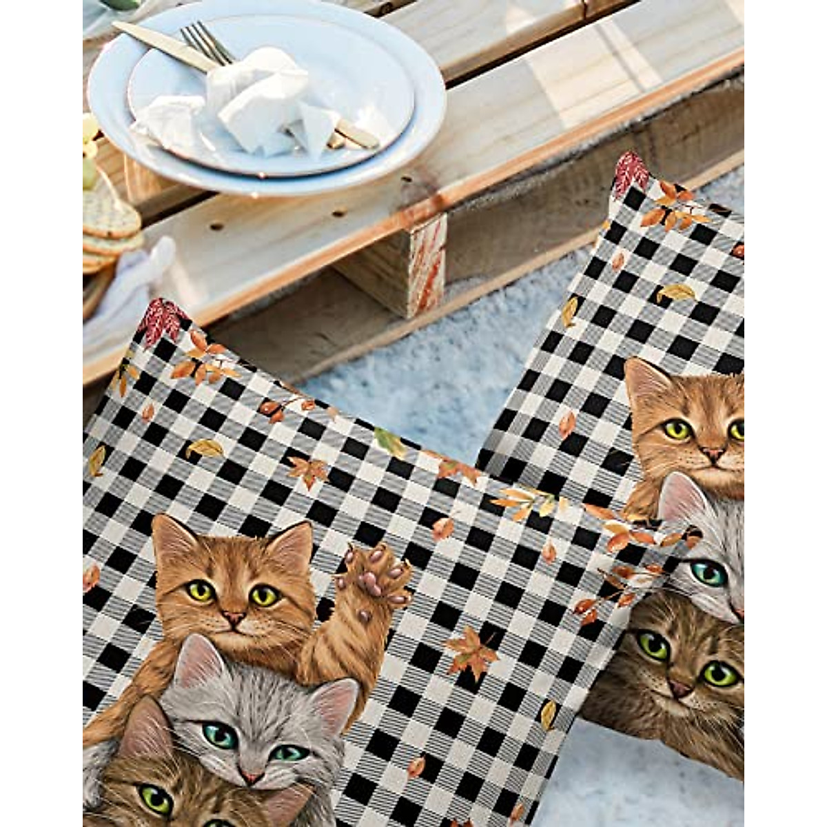 Outdoor Pillow Covers for Patio Furniture 16x16 inch 2PCS, Square Waterproof Garden Cushion Thanksgiving Harvest Pumpkin Cats Buffalo Plaid Throw Pillow Cover Shell for Sofa Couch Bench Seat