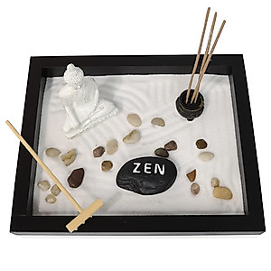 Japanese Mini Zen Garden Sand Box Kit with Incense Holder and White Miniature Buddha Statue - Zen Decor for Relaxation and Meditation - Home Decor, Office Accessory, Gift Set
