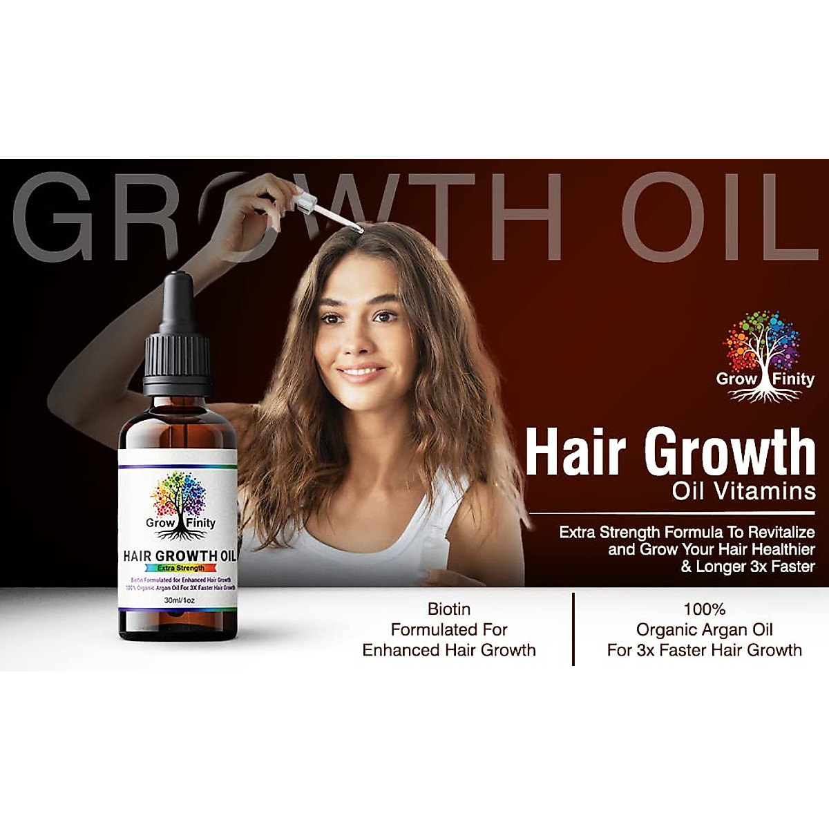 GrowFinity Hair Growth Oil | Biotin and Argan Infused for 3x Faster Growth | Regrowth Treatment | Vitamin E Salon-Grade Natural Oil - 1 Oz