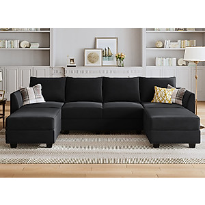 HONBAY Modular Sectional Sofa Convertible U Shaped Couch with Reversible Chaise Velvet Modular Sofa Sectional Couch with Storage Ottoman, Black