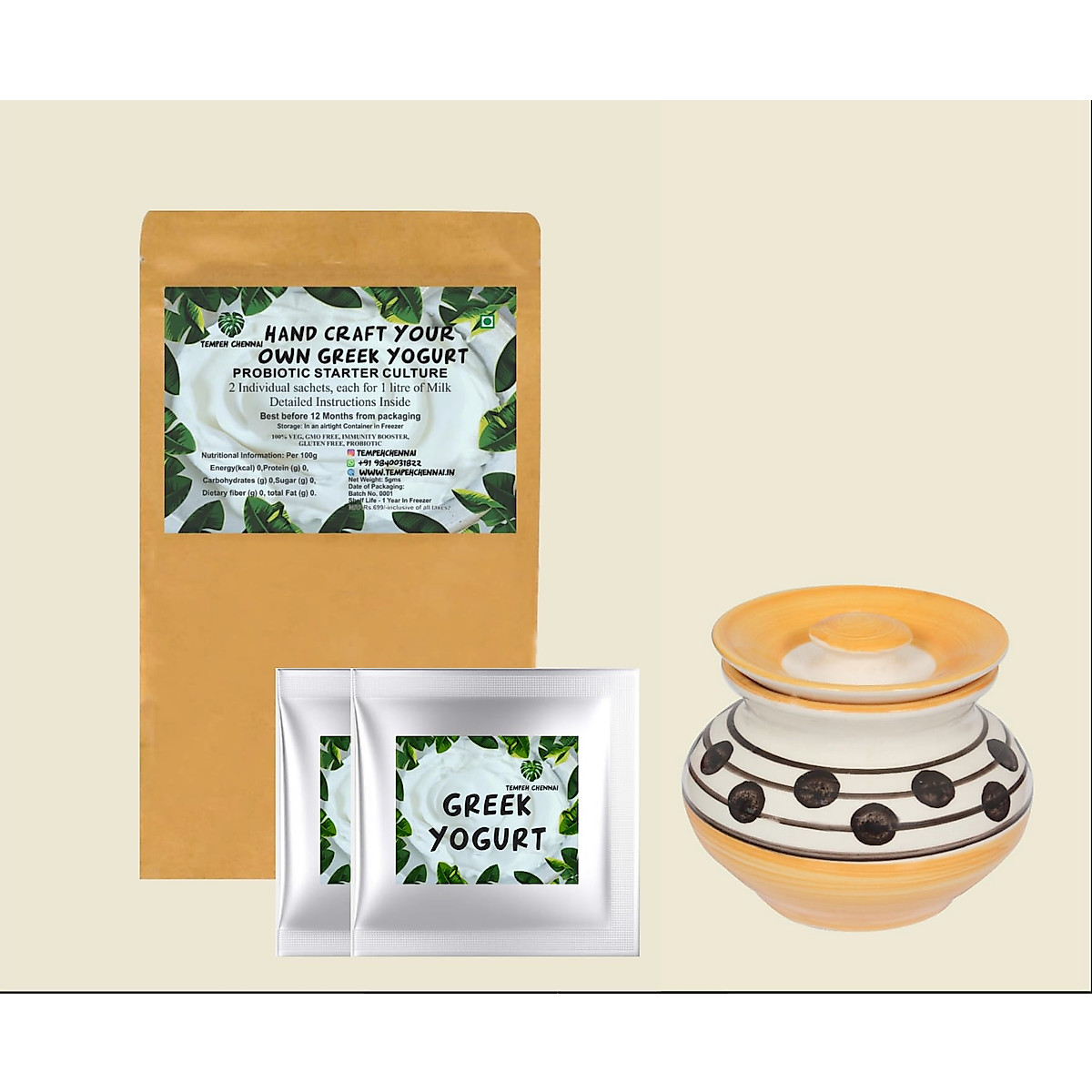 TEMPEHSTATION Greek Yogurt Starter Culture Kit-Culture&hand painted ceramic Handi Lid Dahi/Curd pot|easy to produce large batches 2 gms each sachet|Heirloom|-Strains L. bulgaricus &Streptococcus thermophilus