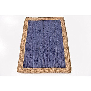 Unique Loom Braided Jute Collection Classic Quality Made Natural Hand Woven with Solid Color Detail, Area Rug, Rectangular 2' 0" x 3' 0", Navy Blue/Tan