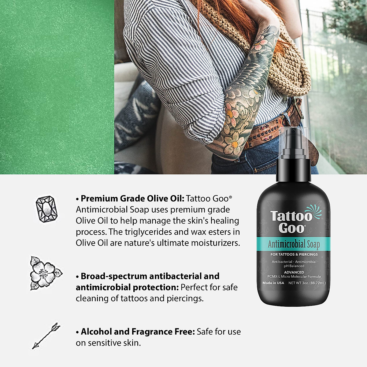 Tattoo Goo Deep Cleansing Soap, Disinfecting Tattoo and Piercing Aftercare - Moisturizing Olive Oil, Alcohol and Fragrance Free - 3 oz