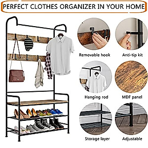 SUOERNUO Coat Rack Shoe Bench 3-in-1 Hall Tree Storage Shelf Organizer for Entryway Heavy Duty MDF Stand Coat Rack Industrial Accent Furniture with Stable Metal Frame (Rustic Brown + Black)
