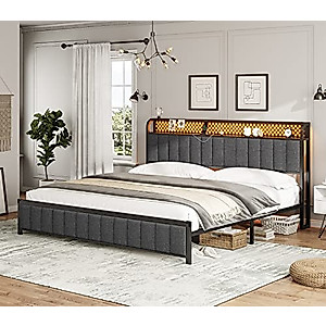 BTHFST King Size Bed Frame with LED Light Headboard, USB Ports & Outlets, Upholstered King Platform Bed Frame with Channel Tufting Design, Upgraded 2-Row Mid-Beams, Dark Grey