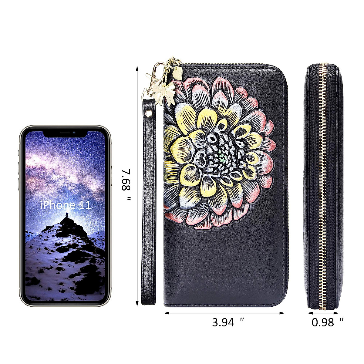 FEITH&FELLY Women RFID Blocking Wallet Embossed Genuine Leather Wristlet Clutch Purse Handbag