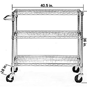 TRINITY EcoStorage Heavy Duty 3 Tier Rolling Cart for Kitchen Organization, Garage Storage, Commercial and Industrial Use, NSF Certified, 800 Pound Capacity, 40.25” by 36” by 18”, Chrome