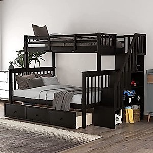 Twin Over Full Bunk Bed with Storage Drawer, Wood Bunk Beds with Stairway, Storage Shelf and Full-Length Guard Rail, Kids bunk Bed Twin Over Full, No Box Spring Needed (Espresso)