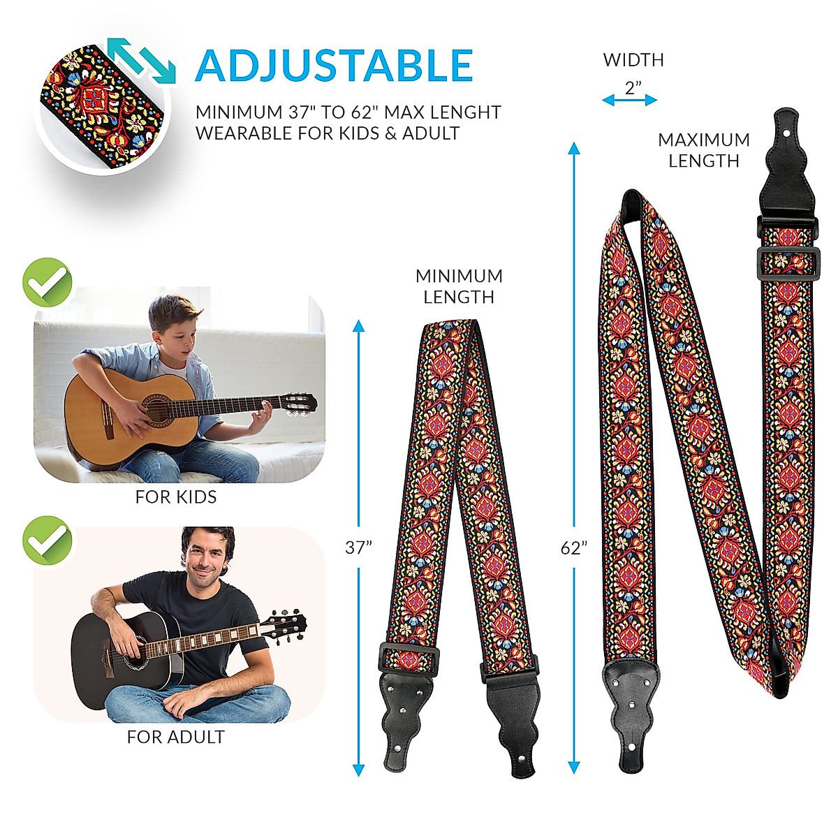 Guitar Strap For Acoustic Guitars , Electric Guitars and Bass , Red Vintage Woven Embroidered Adjustable Strap Includes 2 Strap Locks To Keep Your Guitar Safe & 2 Unique Picks and Pick Pocket