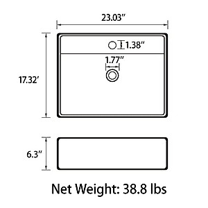 Sinber BVS2417A-OK 24" x 17" x 6.3" White Rectangular Ceramic Countertop Bathroom Vanity Vessel Sink