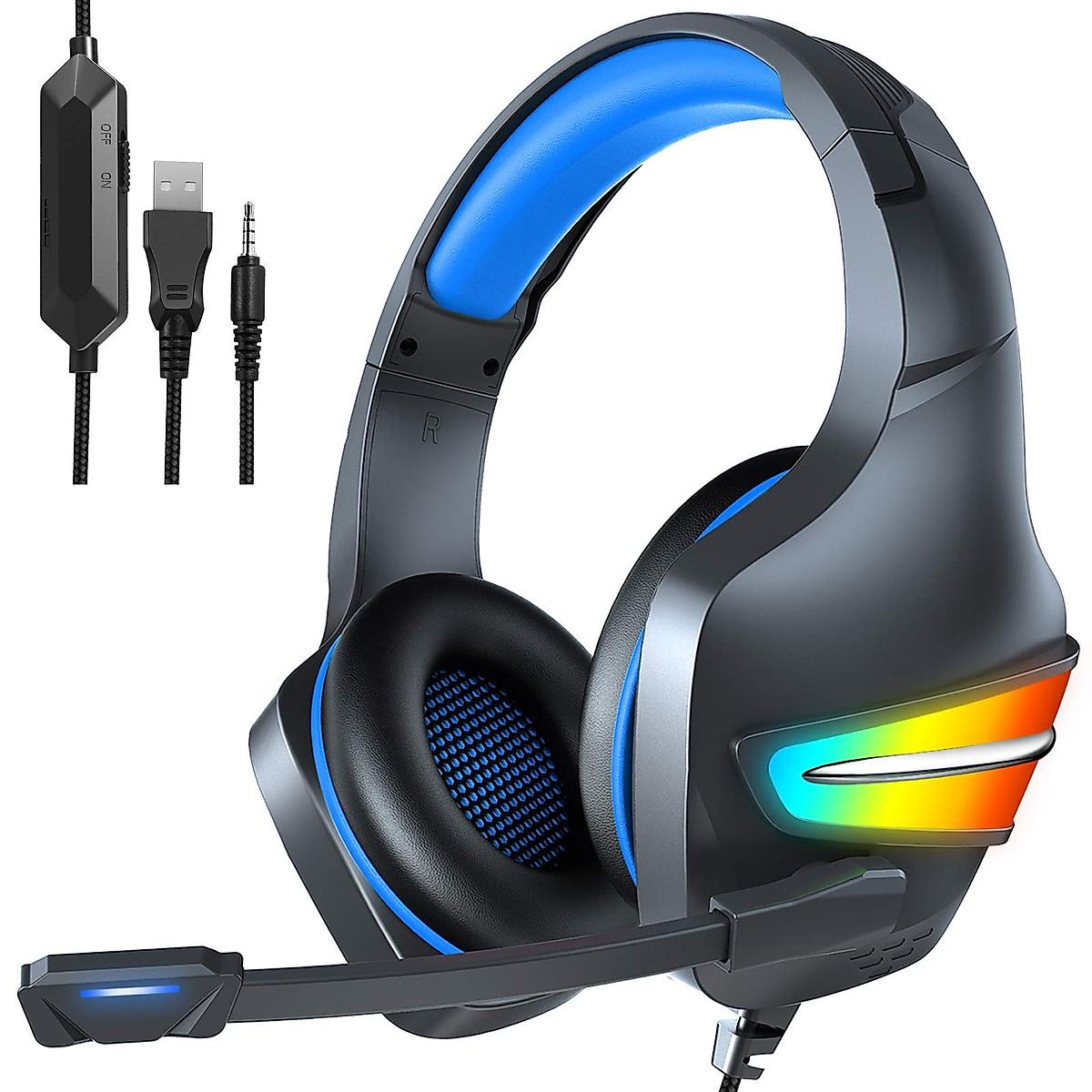 LMPOHO PC Gaming Headset with Stereo Surround Sound, J6 Wired Computer Over Ear Headphones for PS4, PS5, Nintendo Switch, Xbox One, with Noise Isolating Mic & RGB Light & Comfort Earmuff - Blue
