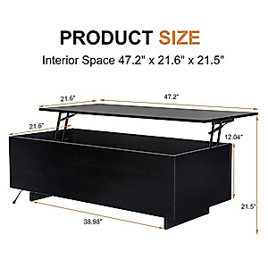 High Gloss Lift Top Table with Led Lights, Led Coffee Table with Storage Shelf and Hidden Compartment for Home Living Room Reception Room Office, Black