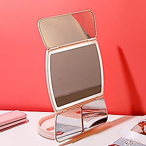 Folding Makeup Mirror Foldable Adjustable Stable Base Desktop 3-Sided Folding Makeup Mirror with Light Household Supplies Pink