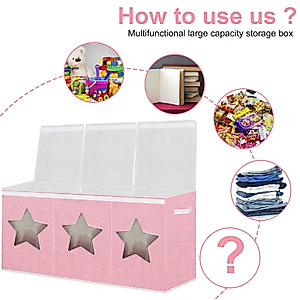 Xmasorme Toy Box for Girls,Extra Large Toy Storage Organizer Bins with Star Transparent Windows,Sturdy Handles and Mesh Bag, Foldable Storage Box for Nursery, Playroom, Bedroom(Pink)